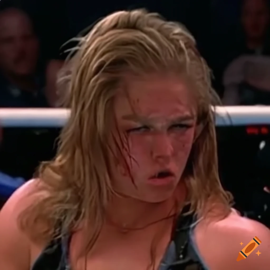 Closeup of physically distressed female fighter from a 90's movie scene ...