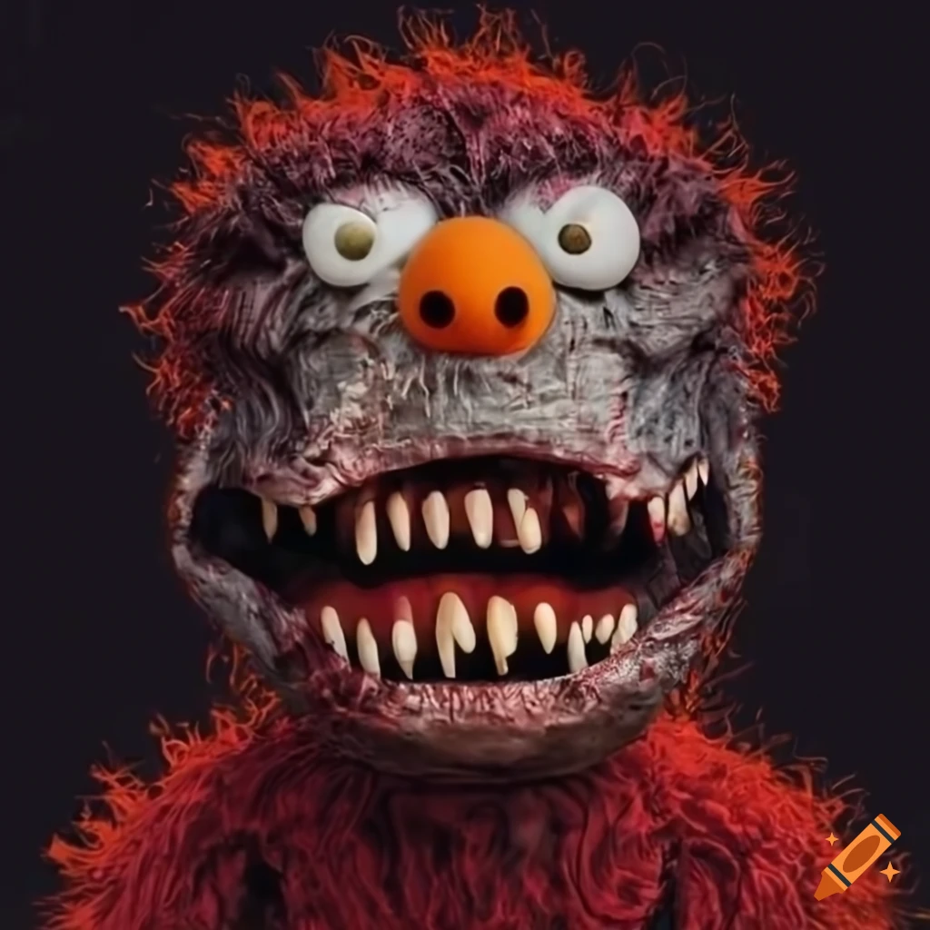 Nightmare elmo zombie with sharp teeth and skin tears on Craiyon