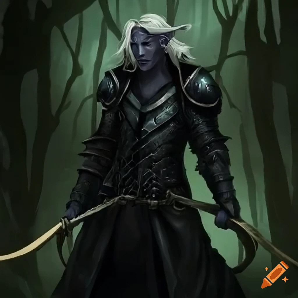 Male drow ranger hunting in a dark forest with a long bow on Craiyon