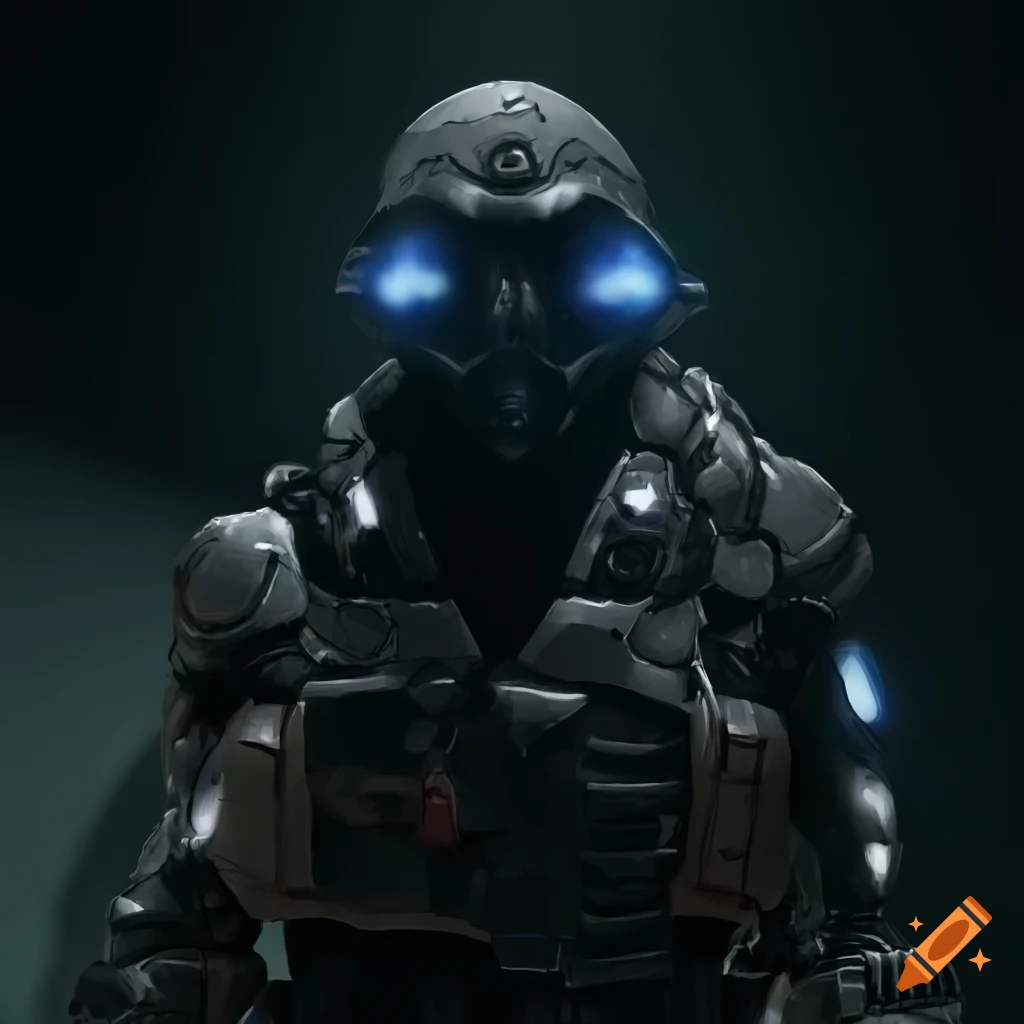 Highly-detailed cyborg soldier with heavy weapon in a dimly-lit ...