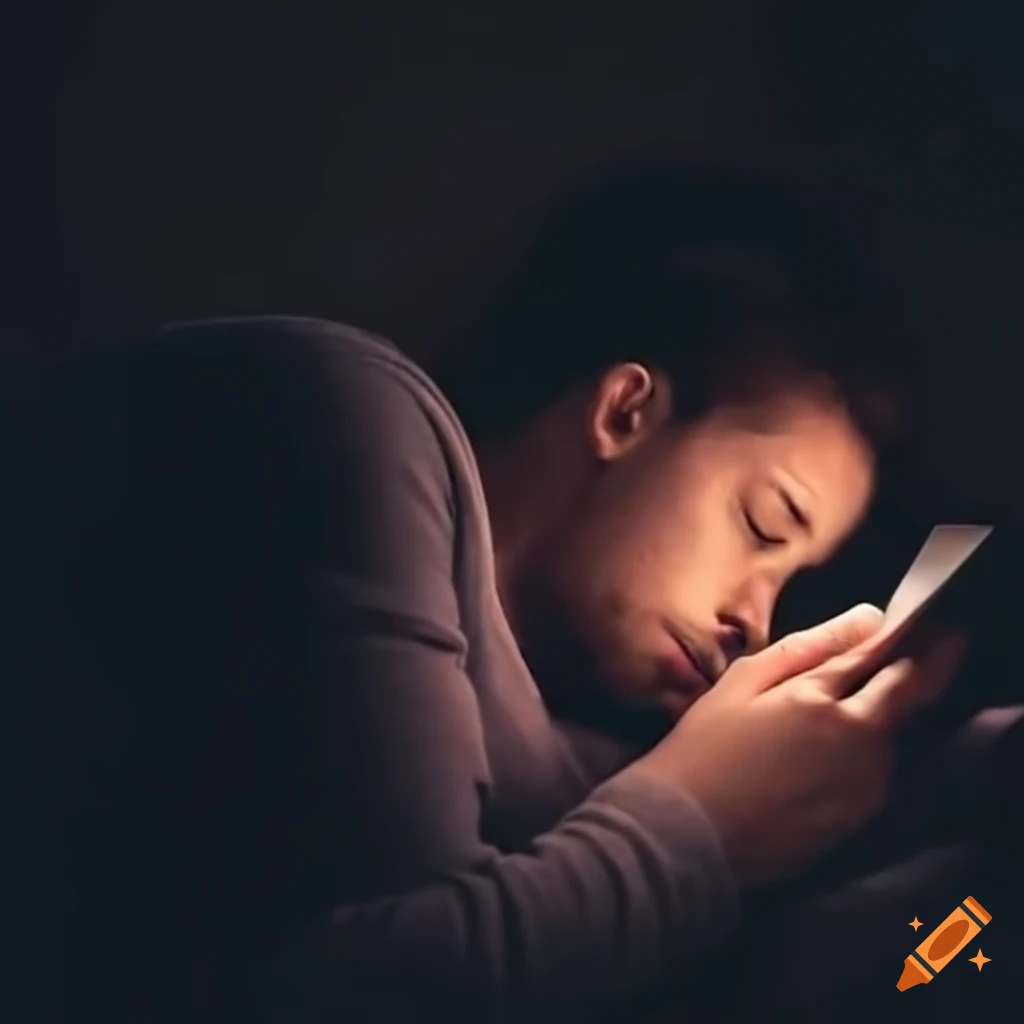 Man browsing phone in bed at midnight on Craiyon