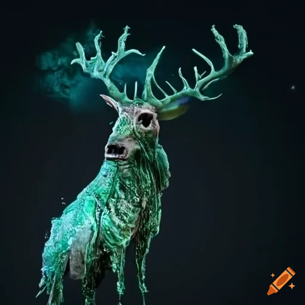 Giant undead deer made of water with algae in its antlers in space on ...