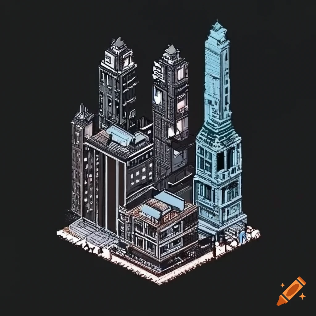 Retro pixel art cityscape in isometric perspective on Craiyon