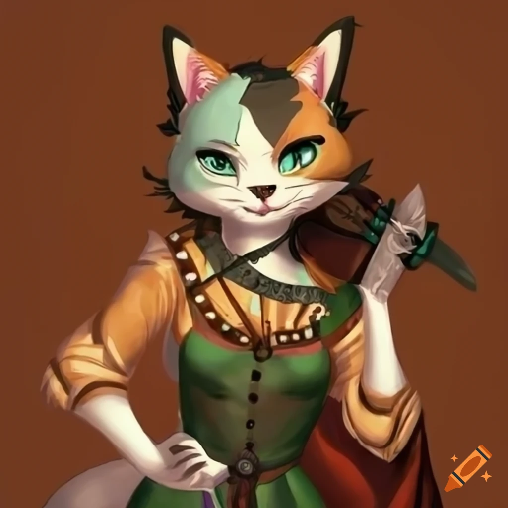 Anthro female cat character in adventurer's dress with emerald eyes and ...
