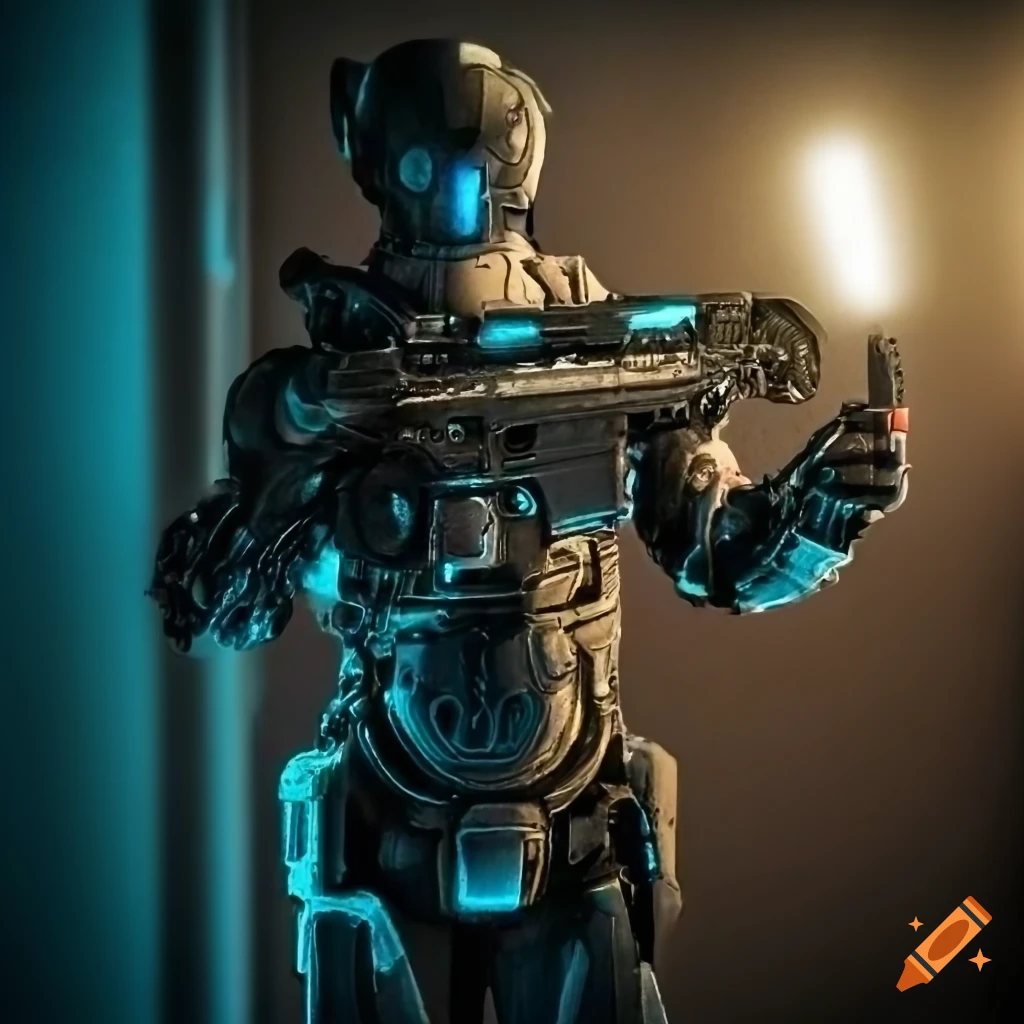 Highly-detailed cyborg soldier with heavy weapon in dimly-lit corridor ...