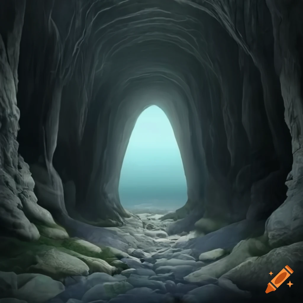 Narrow gray cave passage overlooking a forest view on Craiyon