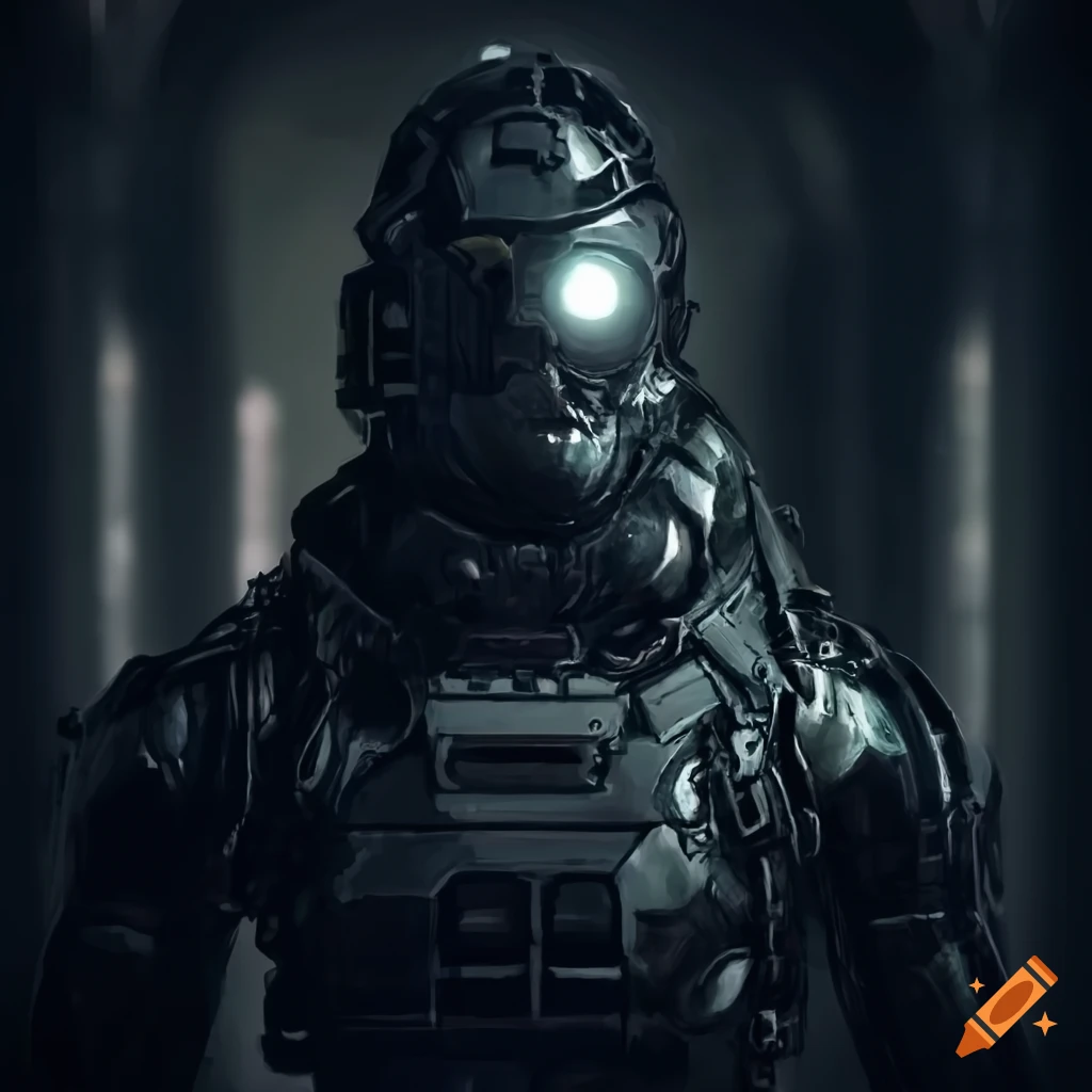 Highly-detailed cyborg soldier with heavy weapon in dimly-lit corridor ...