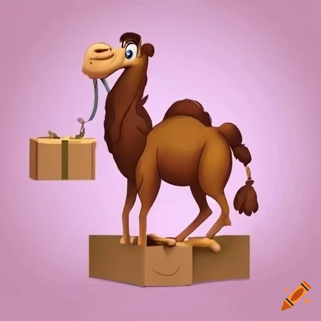Cartoon camel with moving box hanging from nose and sitting on another ...