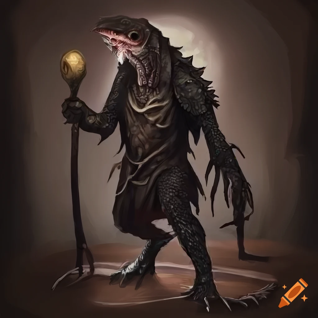 Lizardfolk with dark scales, fangs, and wizard staff in a dark fantasy ...