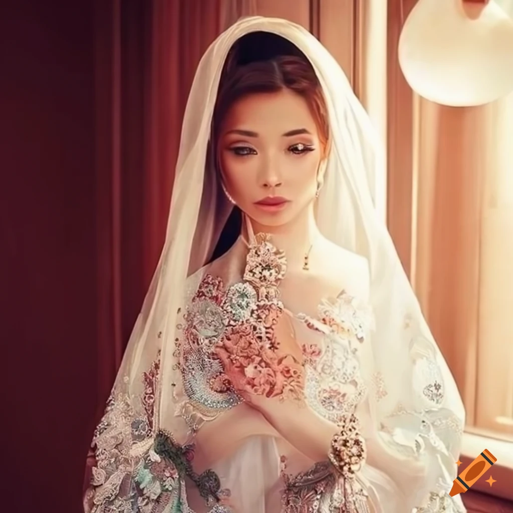 Stunning woman in elegant embroidered robes standing gracefully on Craiyon