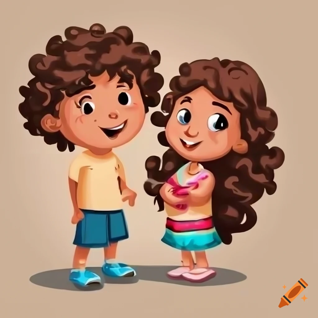 Cartoon characters of a Hispanic boy with curly brown hair talking to a ...
