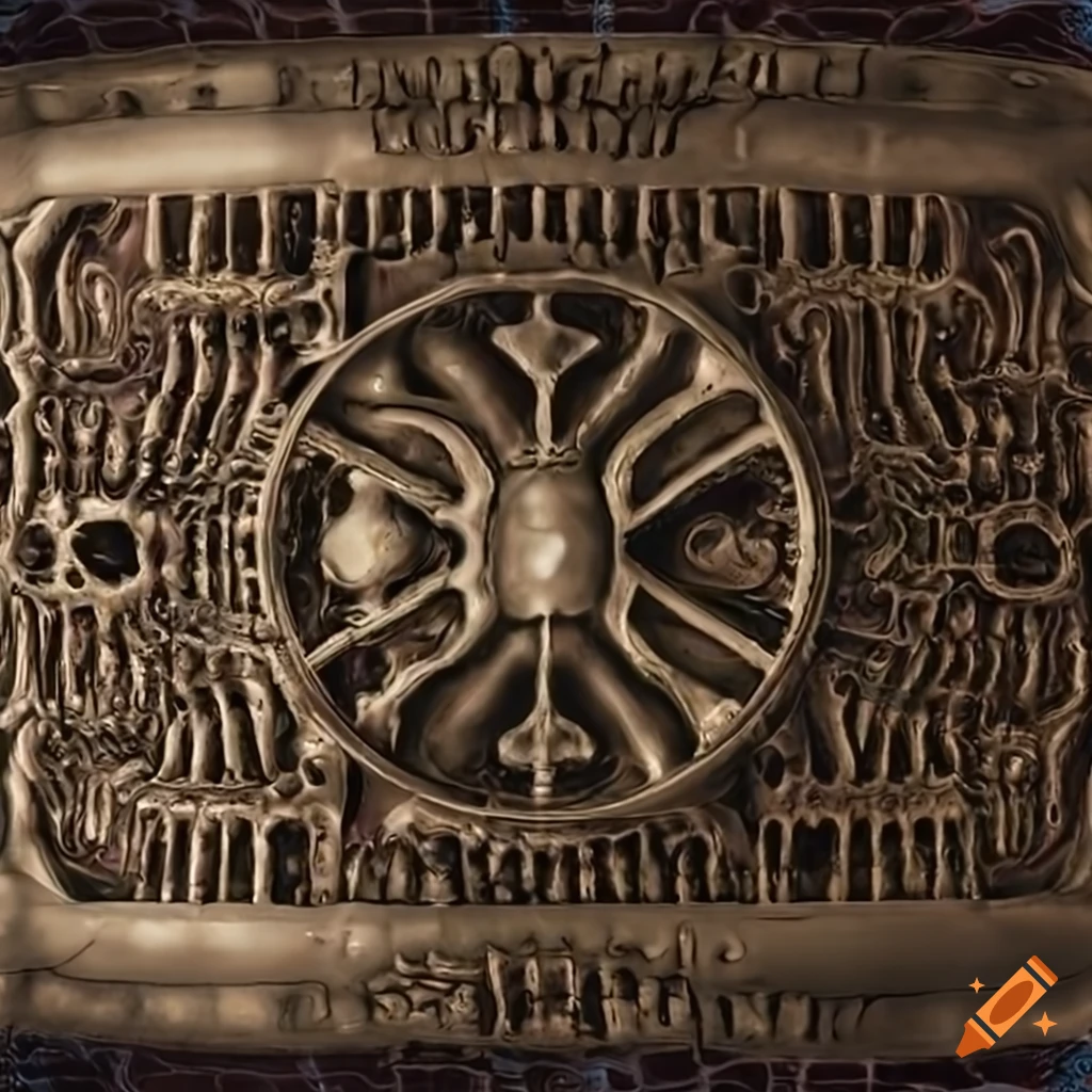 Detailed view of H.R. Giger's Necronomicon plate with bones, organs ...