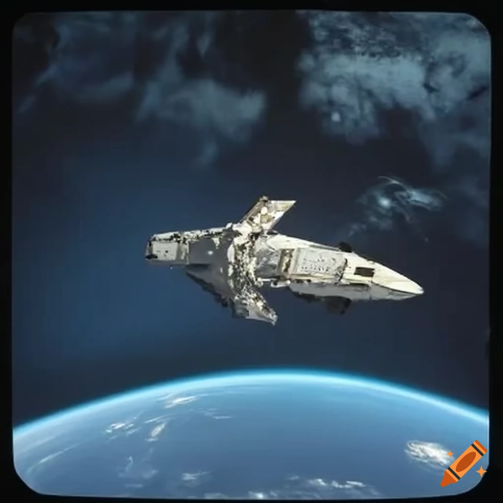 Spaceship in space next to a wreck with approaching astronaut on Craiyon