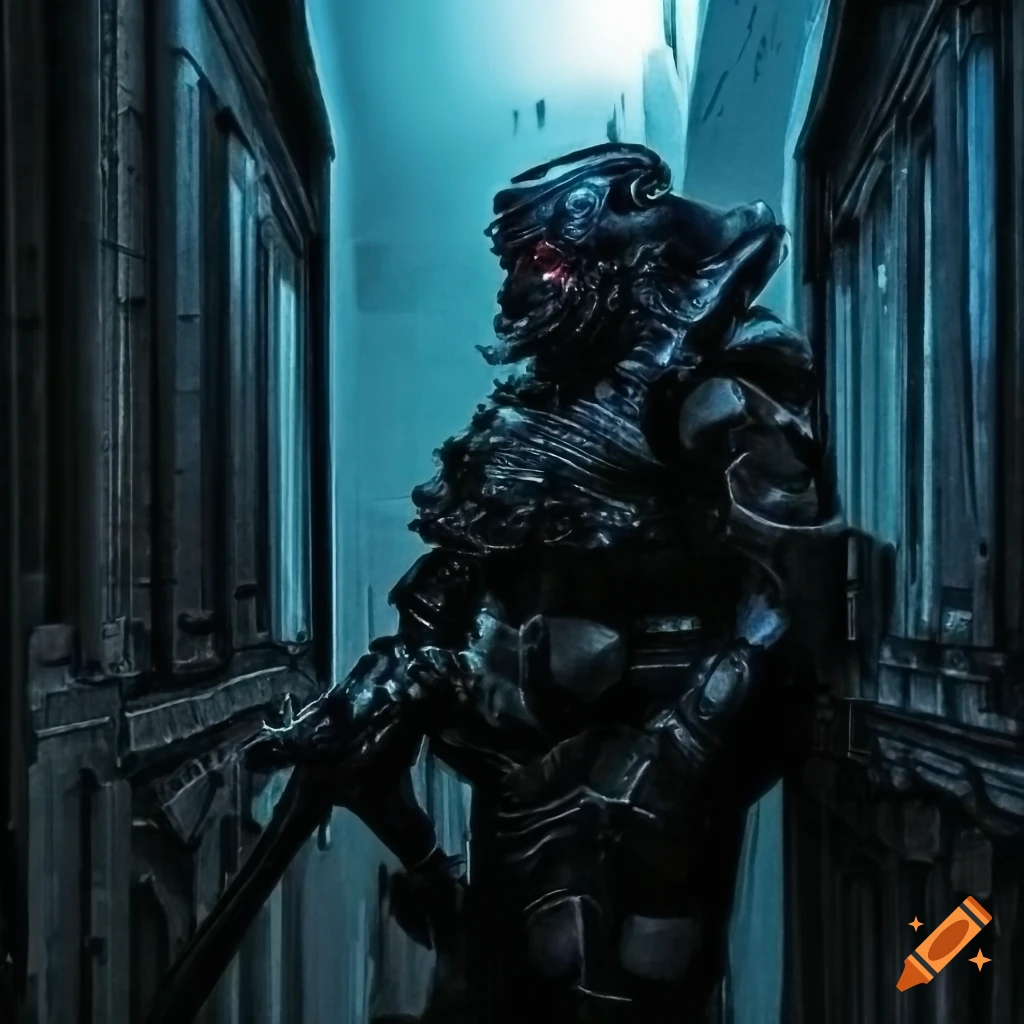 Highly-detailed cyborg soldier with a heavy weapon in a dim corridor, H ...