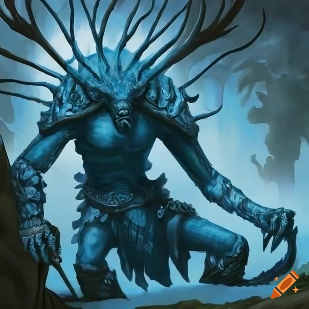 Blue savage in tribal armor riding a white alien mount in a Magic the ...