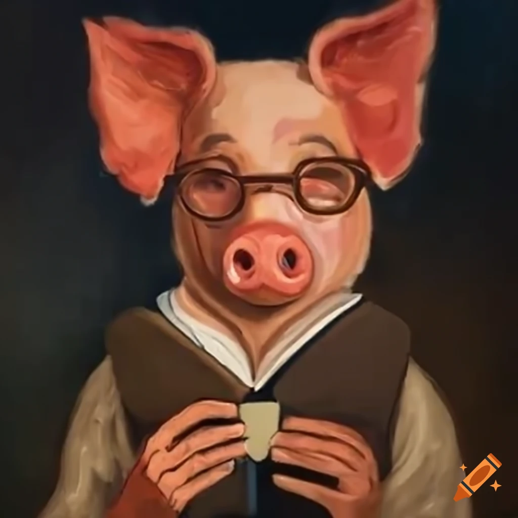 Intelligent pig wearing glasses and reading a book on Craiyon