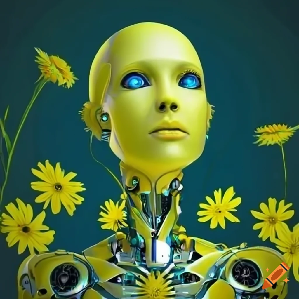 Female robot face with yellow flowers in abstract style on Craiyon
