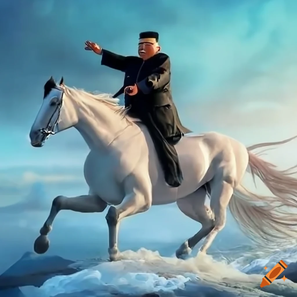 Kim Jong-Un with long black hair riding a white horse on Craiyon