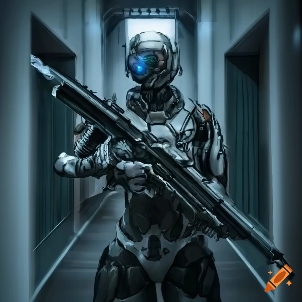 Detailed cyborg soldier with heavy weapon in a dimly-lit corridor on ...