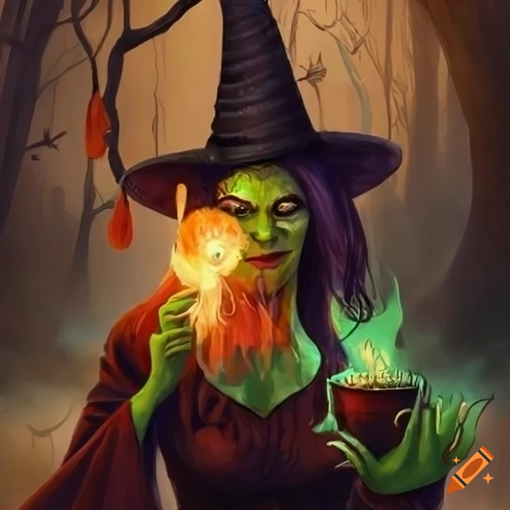 Wicked witch brewing evil concoction in a cottage in fantasy art style ...