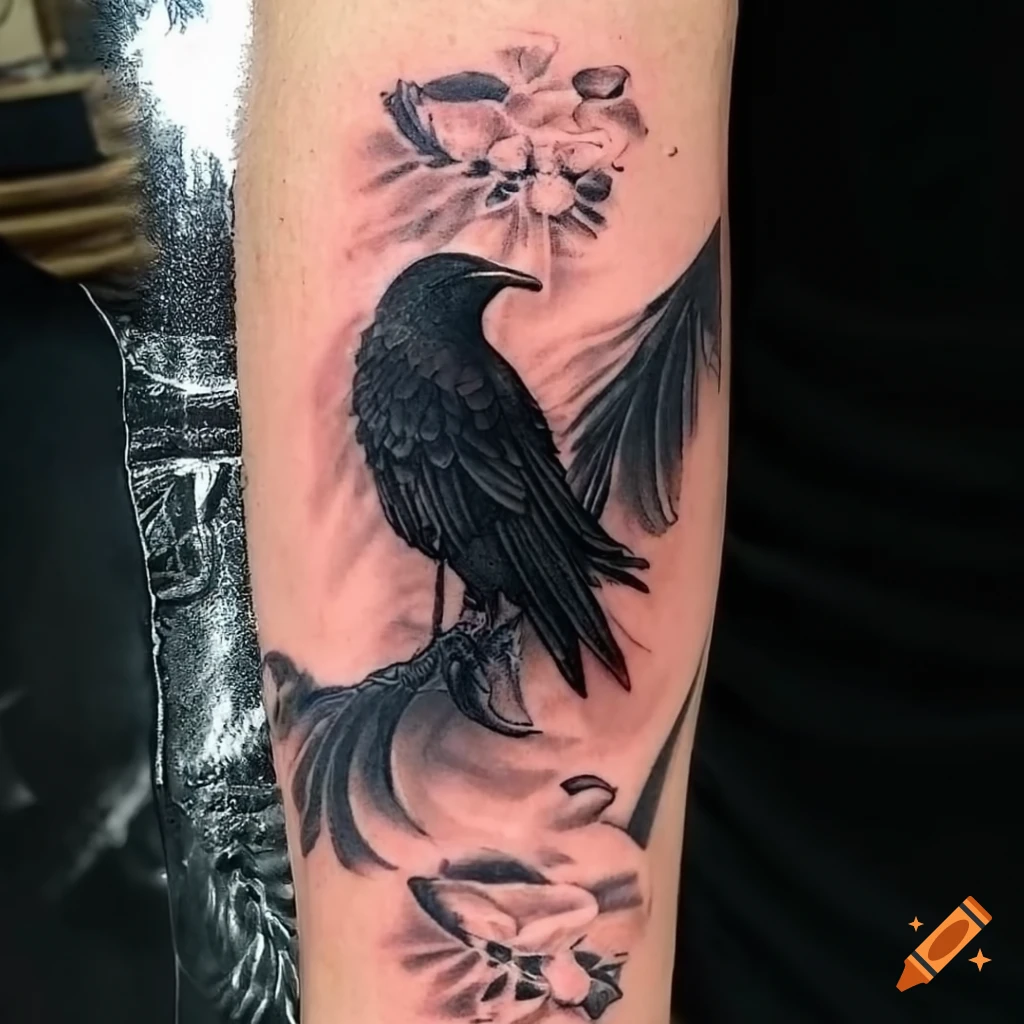 Crow tattoo design with realistic feather detailing on Craiyon