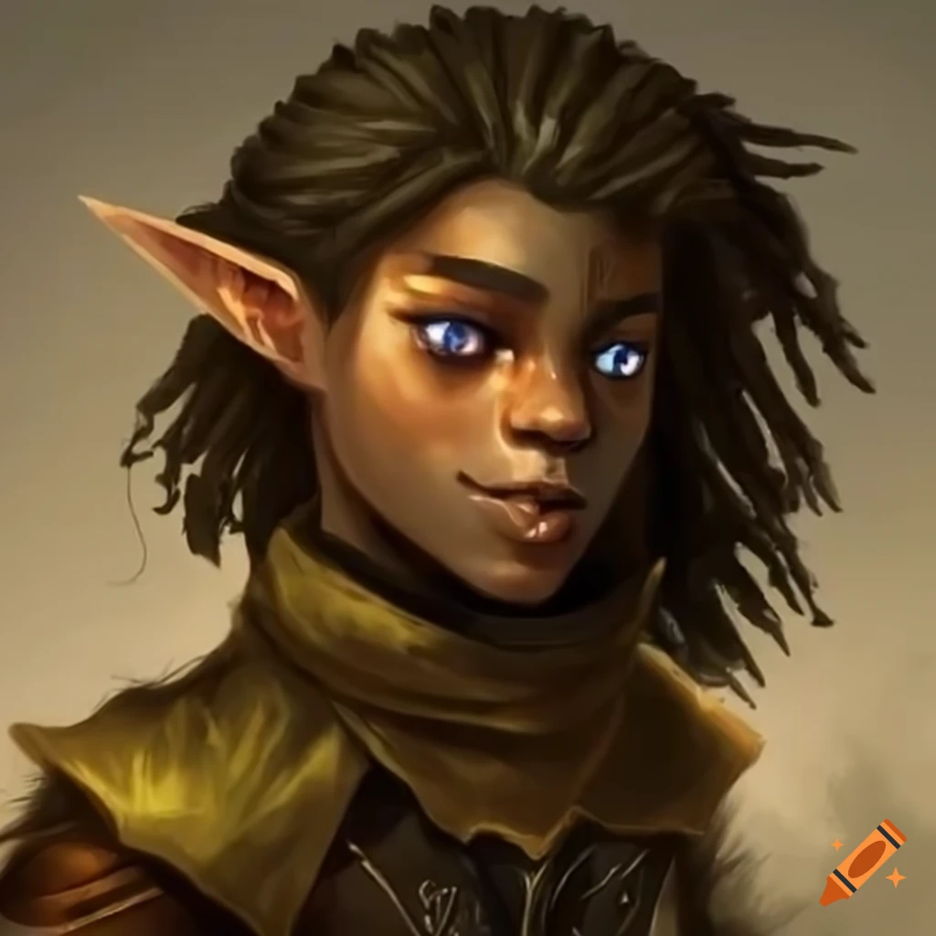 Young 15-year-old D&D wood elf with black skin and yellow eyes on Craiyon