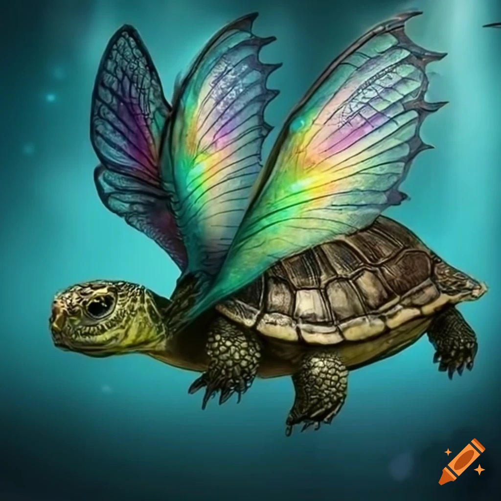 Magnificent turtle with shimmering fairy wings, a mythical creature on ...