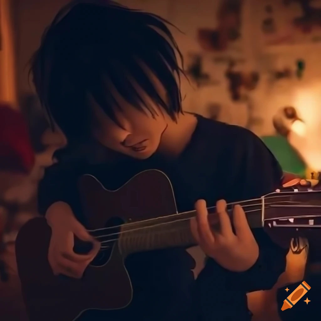 Emo boy playing guitar in a messy room with lofi cartoon style on Craiyon