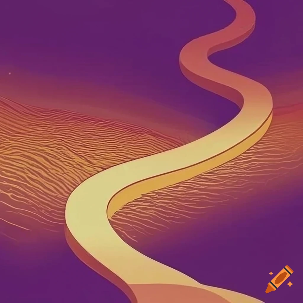 Winding trail into a purple sunset in vintage poster style on Craiyon