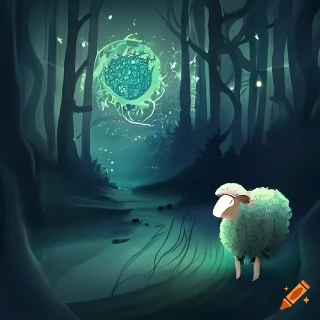Enchanted forest at night with sheep and fireflies on Craiyon