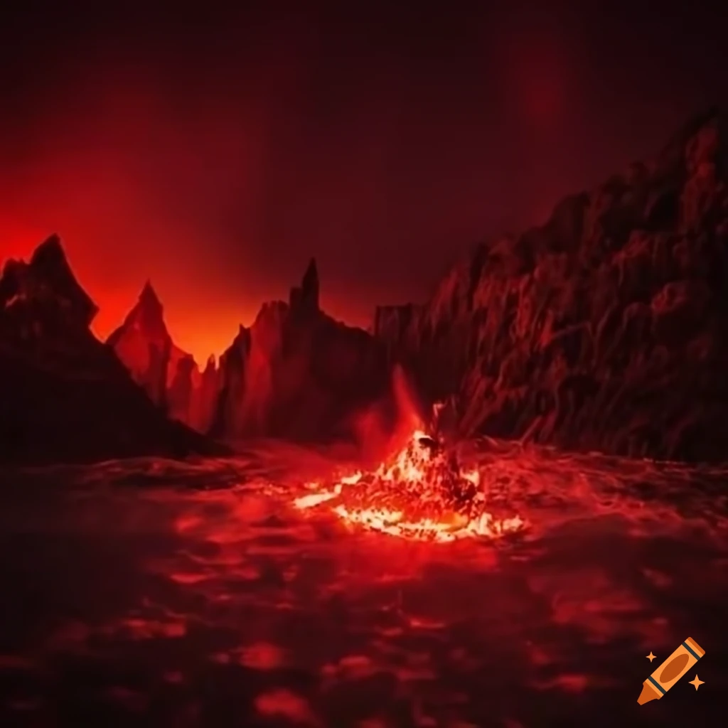 Otherworldly hell scenery with glowing red flames and ominous symbols ...