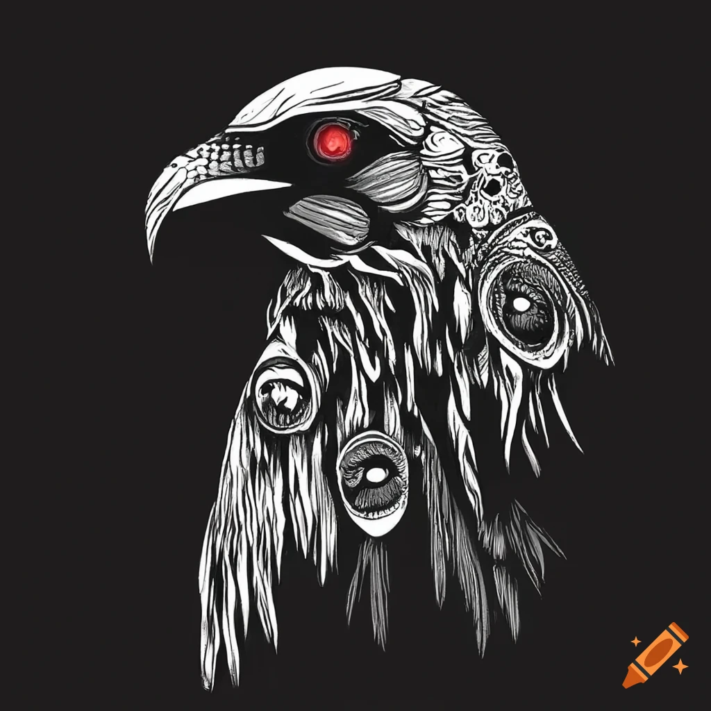 Native art of an intense raven with red glowing eyes on a tree branch ...