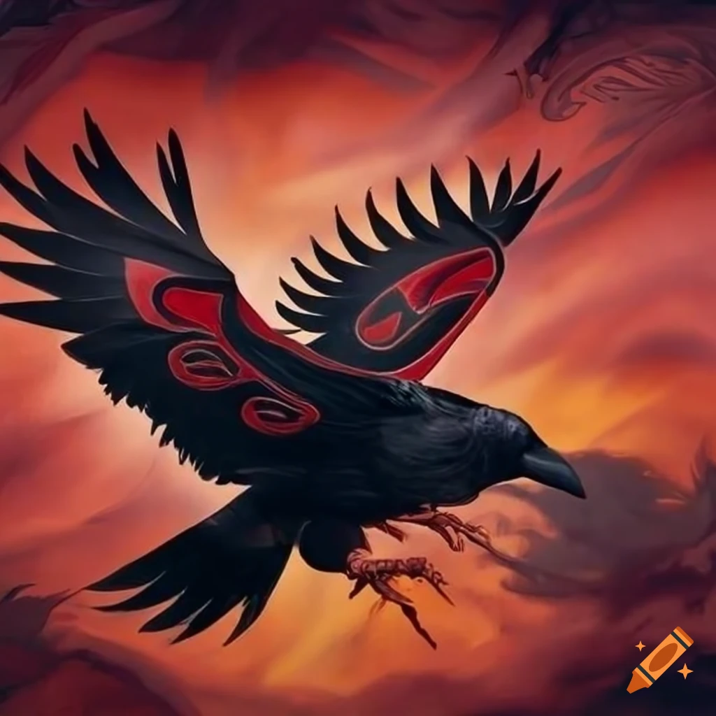 Fierce raven in pacific northwest native art style taking flight on Craiyon