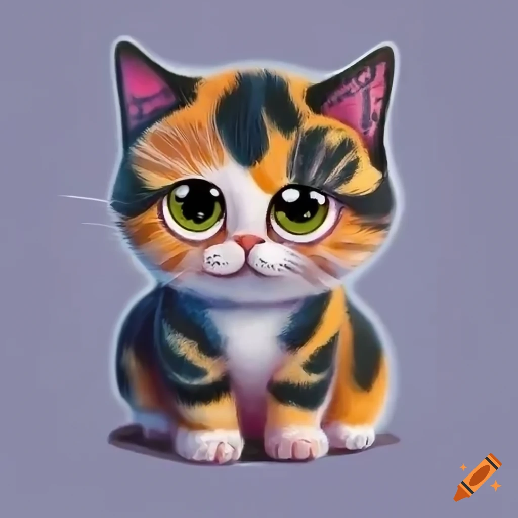 Cute tricolor cat with big eyes in a sticker theme on Craiyon