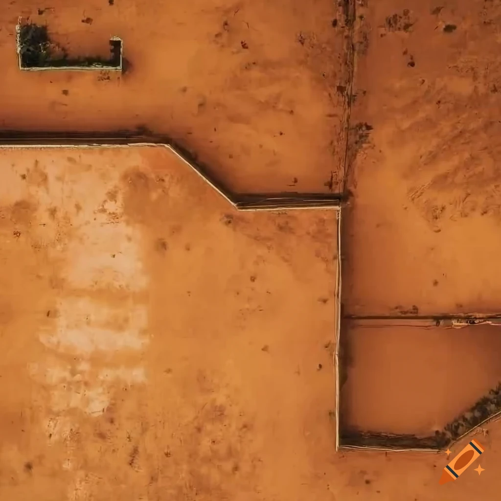 Aerial view of a dirt courtyard surrounded by walls on Craiyon