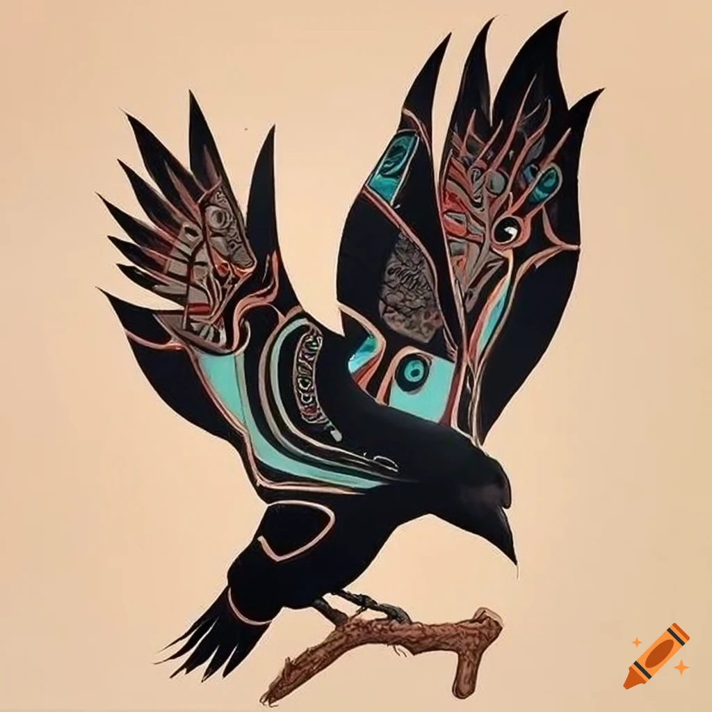 Raven landing on a branch in northwest native art style on Craiyon