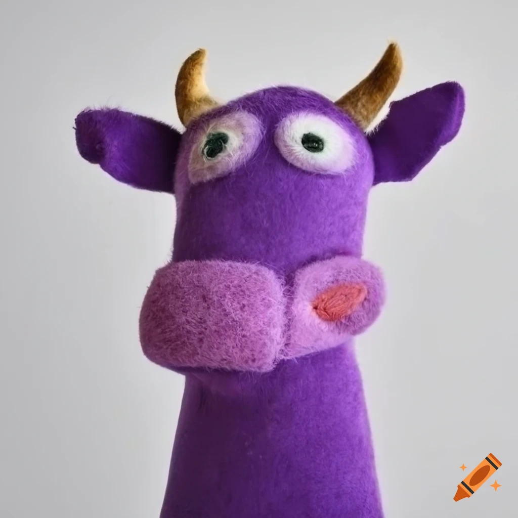 Vintage sock puppet purple cow with felt ears and antlers on Craiyon