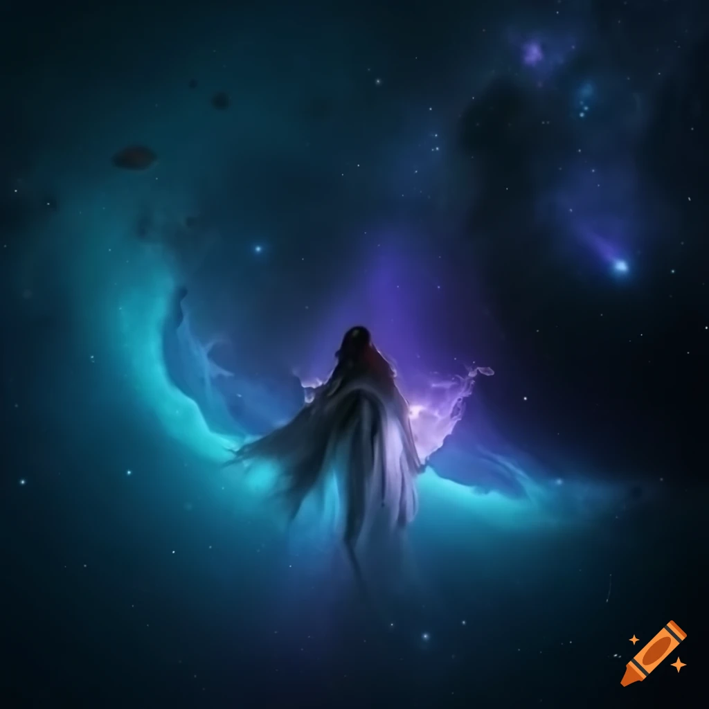 Ethereal being flying through mystical space with magical sigils on Craiyon