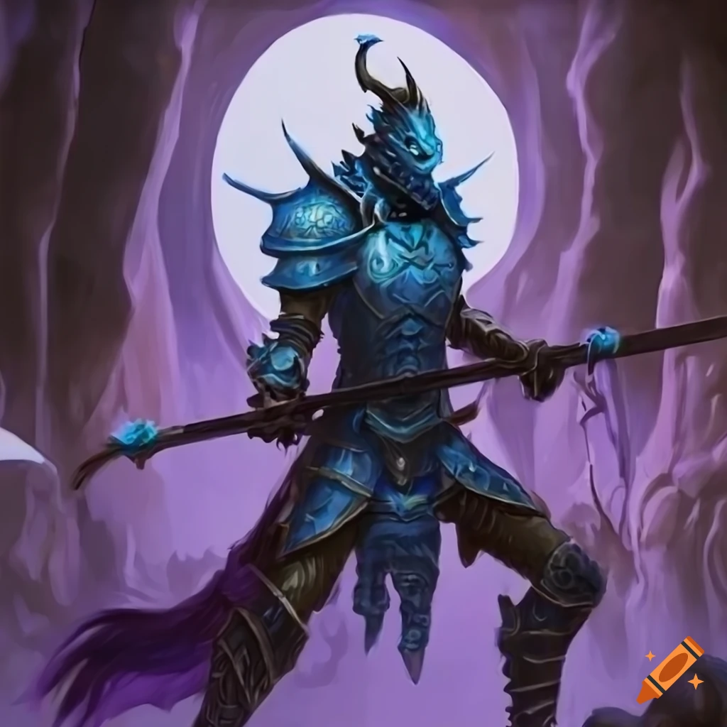 Blue savage in tribal wooden armor riding a white and purple alien ...