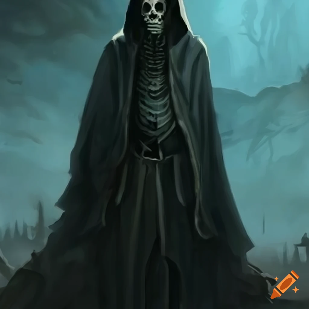 Skeleton sorcerer with a detailed cloaked face in a barren city on Craiyon