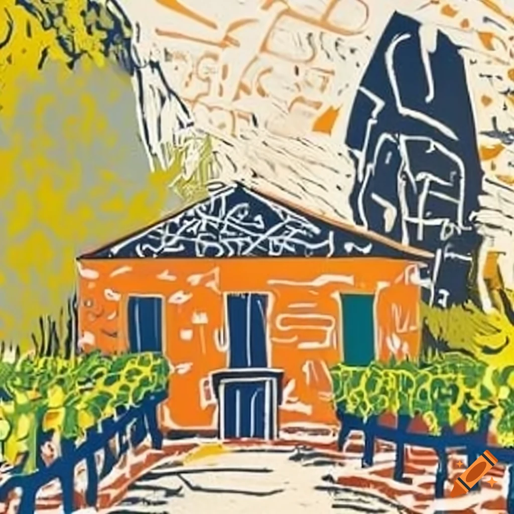 Vibrant linocut drawing of a french vineyard with basquiat's flair on ...
