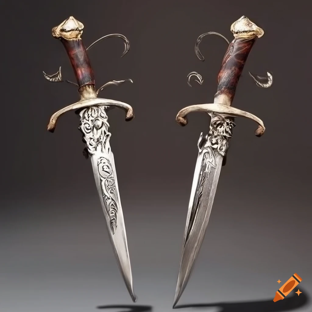 Pair of silver daggers with engraved raven details on a table on Craiyon