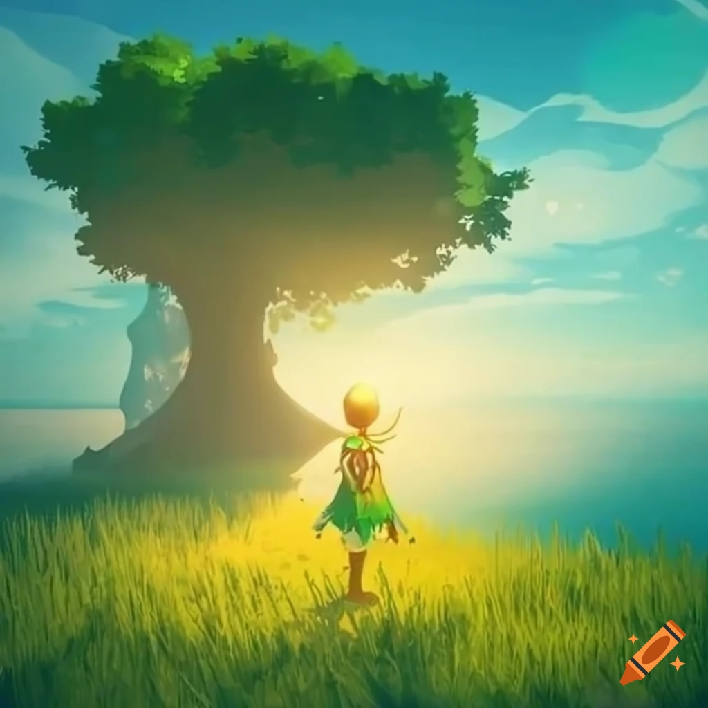Idyllic zelda-inspired scenery with magnificent trees and swaying grass ...
