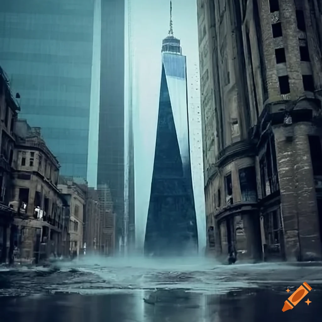 Apocalyptic world with world trade center building and flooded ...