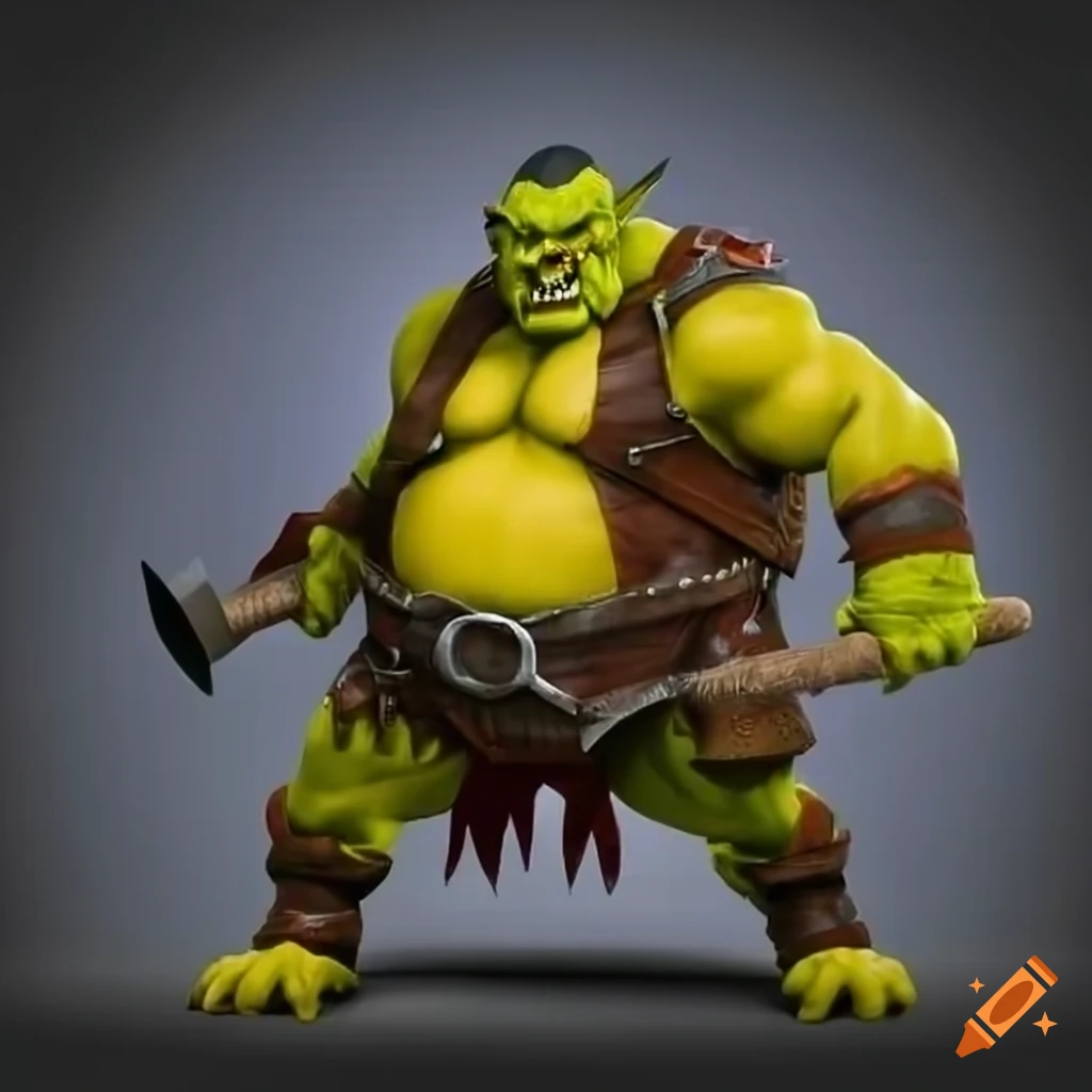 Big yellow ogre in leather armor posing with an axe on Craiyon