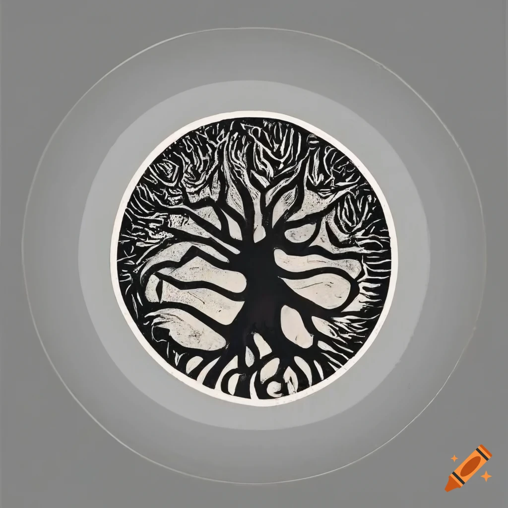 Black logo of a tree roots head in lino print style within a circular ...