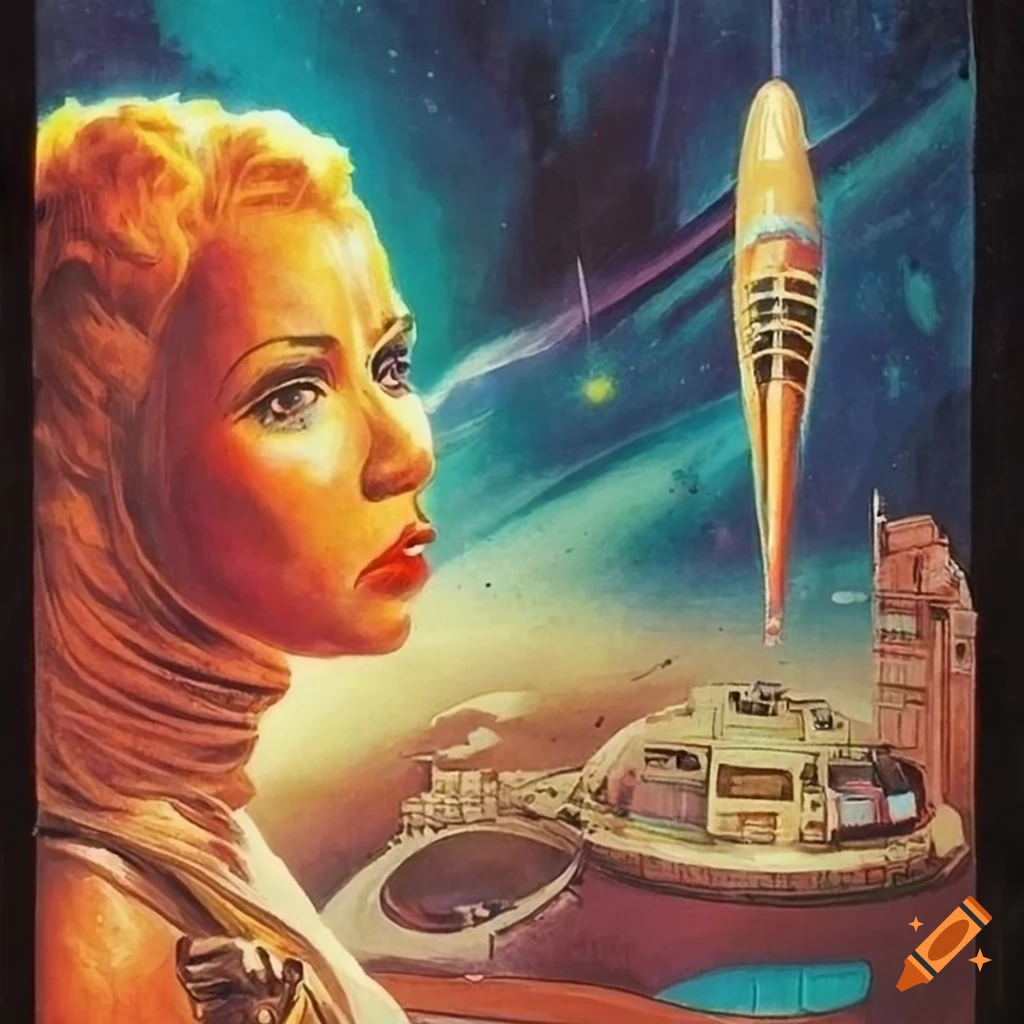 1970s sci-fi art novel cover depicting a spaceport with a spacewoman on Craiyon
