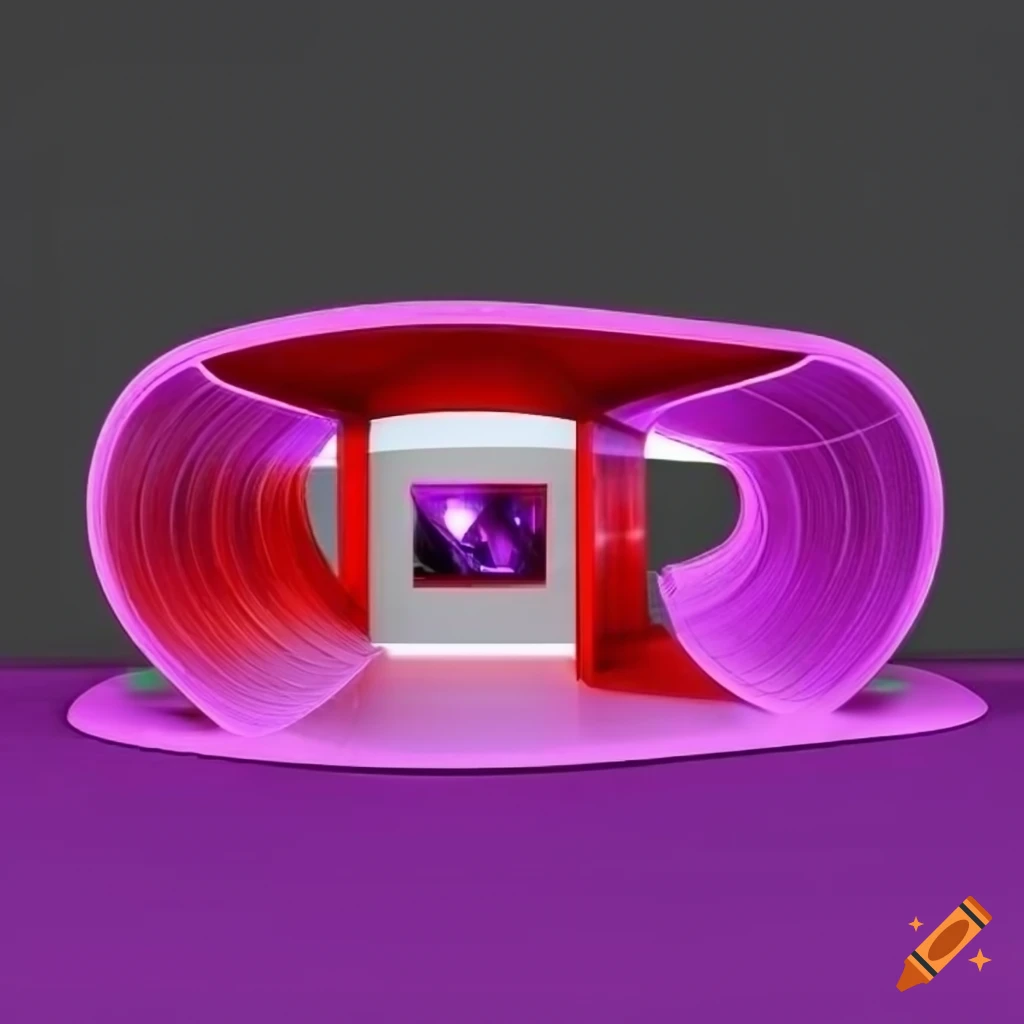 Futuristic exhibition booth design with red and purple color ...