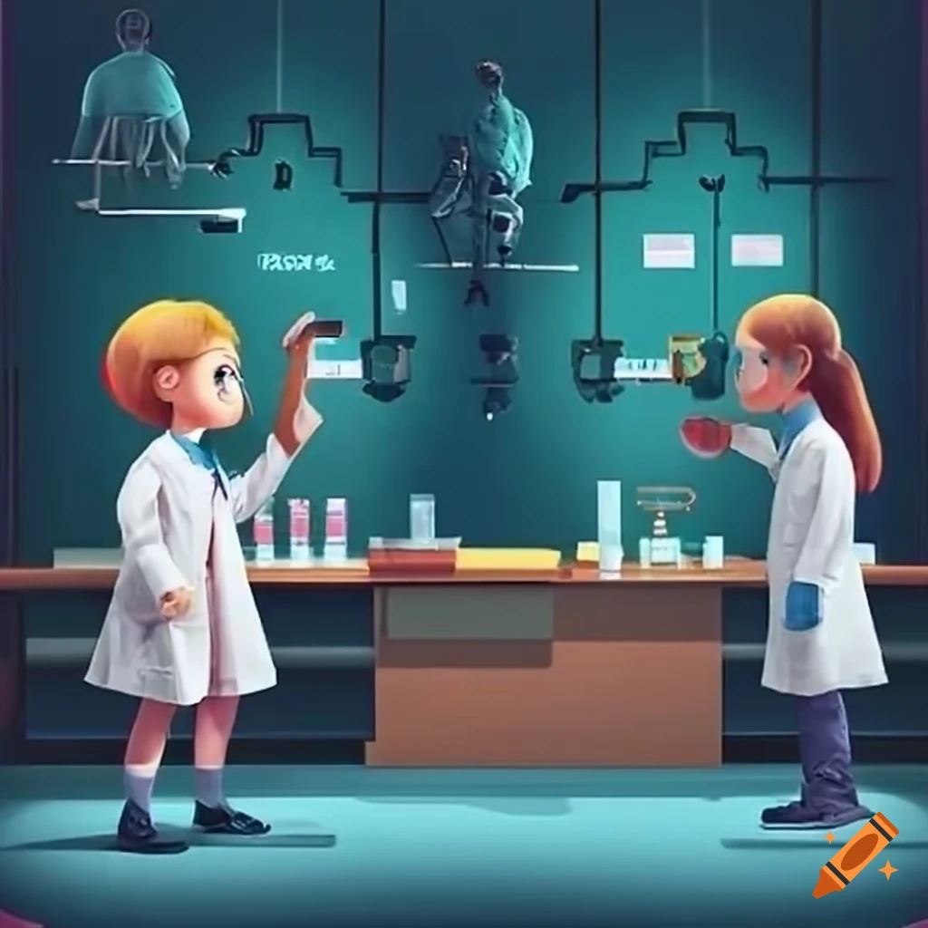 Bustling school science fair with students in lab coats and experiment ...