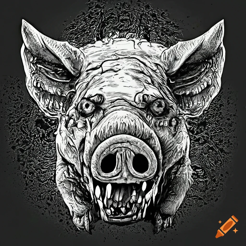 Intricate black and white drawing of a zombie pig with sharp teeth on ...